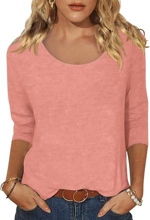 Minetom Damen T-Shirt 3/4 Arm Shirt mit Rundhalsausschnitt Tshirt Sommer Basic Pullover Oberteile Herbst A Koralle XXL