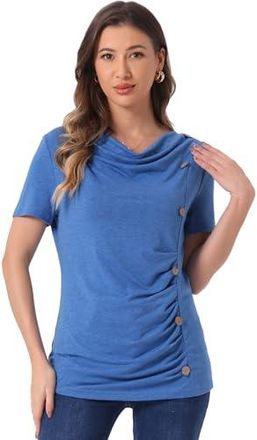 Allegra K Chemisier à Col Bénitier Femmes à Manches Courtes T-Shirt Basique Décontracté Couleur Unie avec Boutons Décoratifs Haut Froncé Bleu M