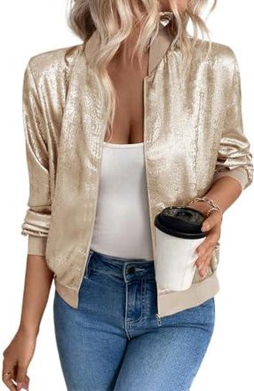 TOMWELL Bomber Femme Printemps &Eacute;t&eacute; Blouson &agrave; Manches Longues Zipp&eacute; Court Jacket Cardigan Haut Tops A Or XXL