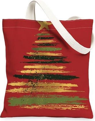 Generic Sacs fourre-tout en toile motif sapin de No&euml;l, sacs d&eacute;picerie r&eacute;utilisables, vintage, l&eacute;gers et lavables avec bandouli&egrave;re, Rouge, 13x15 Inch
