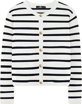 Generic Cardigan ray&eacute; &agrave; col rond pour femme, manches longues en tricot l&eacute;ger avec poches, Rayures blanches., XL