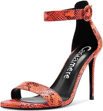 Castamere Escarpins Femme Bout Ouvert Sandales Bride Cheville Aiguille Talon 10CM Orange Serpent Chaussures EU 37.5