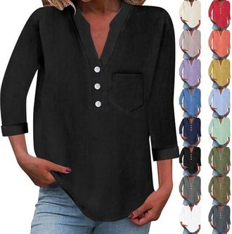 Generic Chemisier d&eacute;t&eacute; en lin pour femme - Manches longues - En coton - Col en V - Col en V - Respirant - Chemise en lin - D&eacute;contract&eacute;e - T-shirt daffaires l&eacute;