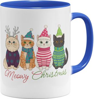 OM3 Meowy Christmas Kaffee-Tasse mit s&uuml;&szlig;en K&auml;tzchen - Weihnachtstasse 4 niedliche Katzen IV - Keramik Becher - 325ml - Beidseitig Bedruckt - Blau
