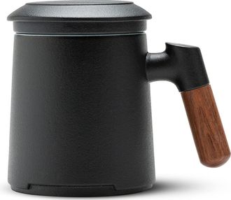 Zens Teetasse mit Deckel und Sieb, 360 ml Holzgriff Teebecher mit Teesieb und Deckel für Losen Tee, Matte Keramik Teetassen Geschenke für Teeliebhaber, han