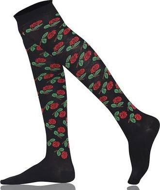MySocks Cuisse Haute Chaussettes Femme Fleur Base noire feuille verte avec bourgogne