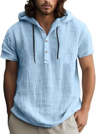 Generic Chemise d&eacute;t&eacute; en lin pour homme - Avec capuche - Chemise d&eacute;t&eacute; en lin - Respirante - &Eacute;l&eacute;gante - Pour lext&eacute;rieur - Coupe droite - Chemise d&eacute;t&eacute;, bleu ciel