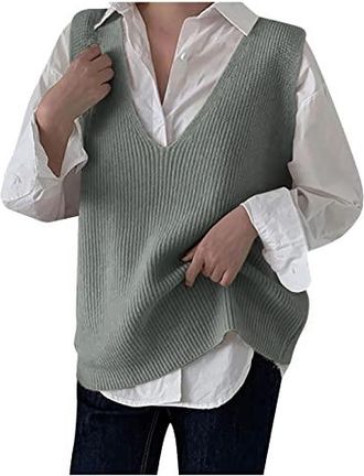 Generic Pull d&eacute;contract&eacute; sans manches avec col en V et maille c&ocirc;tel&eacute;e pour femme, gris, Taille unique