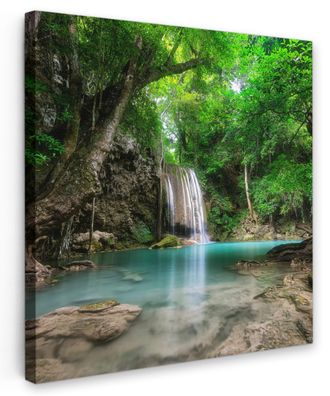 MuchoWow Leinwand Bilder, Einzigartige Wanddeko mit Rahmen, Dschungel - Wasserfall - Pflanzen - Wasser - Natur, Wandbilder Wohnzimmer, Deko Schlafzimmer 90x90 