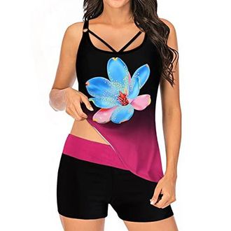 Generic Tankini pour femme - Maillot de bain 2 pi&egrave;ces push-up - Dos nu - Taille haute - Rembourr&eacute; - Pour la plage, rose, XXL