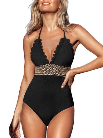 Cupshe Damen Badeanzug Neckholder V Ausschnitt Wellenkante R&uuml;ckenfrei Einteilige Bademode Swimsuit Schwarz XL