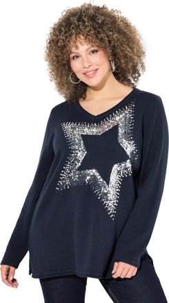 Ulla Popken Damen große Größen Übergrößen Plus Size Pullover, Pailletten-Stern, V-Ausschnitt, Langarm