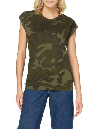Build Your Brand Ladies Extended Shoulder Camo Tee, Olive camo, 5XL