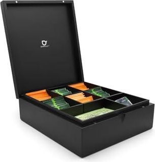 Bredemeijer große Schwarze Teebeutel Box aus Holz 24 x 27 cm - ohne Fenster - Tee Kiste mit flexiblen Fächern, Black