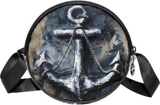 Generic Petit sac &agrave; bandouli&egrave;re rond vintage avec fermeture &eacute;clair et bretelles r&eacute;glables pour femme et fille Motif ancre