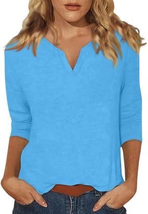 Generic T-shirts dété pour femme - Manches 3/4 - Col en V - Tunique - Chemisier à manches trois-quarts - Élégant - Décontracté - Couleur unie - Chemisiers et 