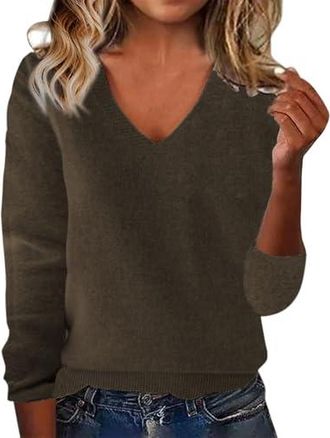 Generic Pull chaud &agrave; col en V et manches longues uni et confortable en laine m&eacute;lang&eacute;e l&eacute;g&egrave;re et douce pour lhiver, marron, XXL