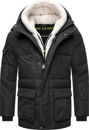 Stone Harbor Herren Winterjacke warme Steppjacke mit Kapuze und flauschigem Teddyfleece-Einsatz Lauroo XX Black Gr. XL