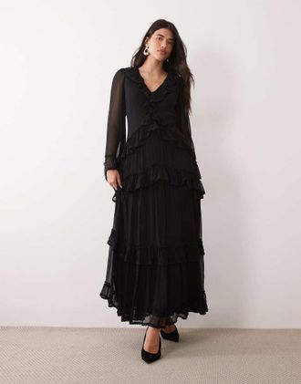 Lace & Beads robe longue en mousseline &agrave; encolure plongeante, manches &eacute;vas&eacute;es et volants, noire
