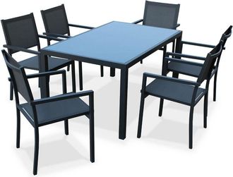 Sweeek Gartentisch Aluminium + 6 Sessel Anthrazit / Grau