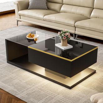 Generic Couchtisch mit LED-Beleuchtung, dimmbar, Glasoberfl&auml;che, Stauraum mit Aufbewahrungsfach und offenen Ablagen, Stabiler Spanplatten-Unterbau, ideal f&uuml;r 