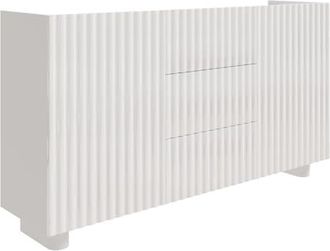 Selsey Kommode Weiß Hochglanz mit Geriffelten Fronten 2 Türen, 3 Schubladen Laminierte MDF 16/18mm Push-to-Open System Abgerundete Ecken Ideal für Schlafzimm