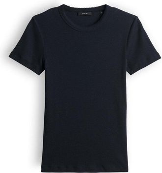 OPUS Kurzarmshirt Basicshirt aus Baumwoll Mix mit Muschelkante Schmale Passform, bogenf&ouml;rmige Spitzenborte