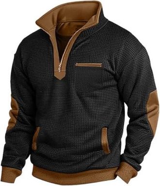 Generic Sweat à capuche rétro en tricot gaufré avec poches, col montant et coude, coupe ample, léger, vêtement de travail en plein air, loisirs, vêtements de 