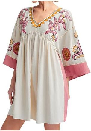 Generic Robe boh&egrave;me brod&eacute;e avec col et manches 3/4 pour femme, coupe ample, rose, M