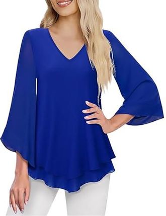 Generic Chemisier en mousseline pour femme - &Eacute;l&eacute;gant - Manches longues - Col en V - Tunique - Manches trompette - Couleur unie - Chemisier long l&eacute;ger - D&eacute;cont