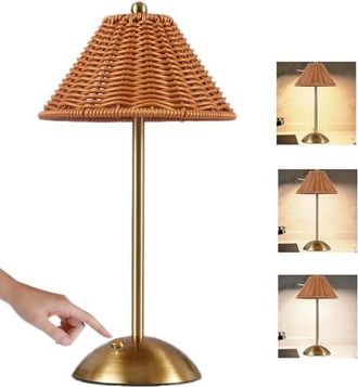 Generic Lampe de table boh&egrave;me en rotin - Bureau rechargeable sans fil avec 3 couleurs &agrave; intensit&eacute; variable et contr&ocirc;le tactile - Veilleuse portable en bambou