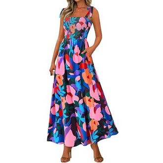 Generic Robe Florale à Bretelle Bustier A-Line Taille Haute pour Femme à la Éte Plage Mode Maxi Robes Fleurie Chic et Elegant Boheme sans Manches Robe Longue 