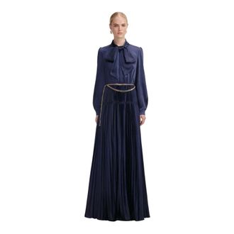 Self Portrait Satin Tie Neck Maxi Dress - - Dresses - Damen - Blau - XS