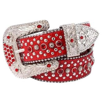 Generic Ceinture western en cuir avec strass pour femme, ceinture cloutée avec strass pour jeans, tenue décontractée, Rouge, 115 cm