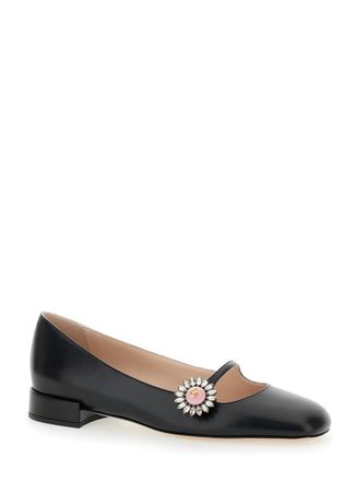 Valentino Garavani Womens Black Ballet Shoes With Floral Detail Goat Leather Ballerina