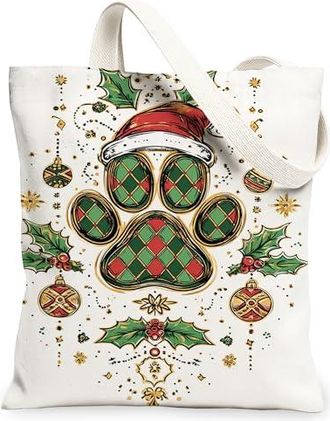 Generic Sacs fourre-tout en toile avec motif de pattes de No&euml;l, sacs &agrave; provisions r&eacute;utilisables, l&eacute;gers et lavables avec bandouli&egrave;re, blanc, 13x15 Inch