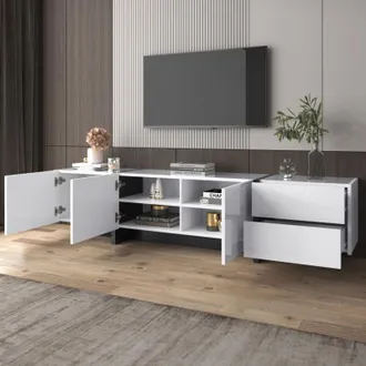 STILVORA Meuble TV avec 3 Portes et 2 Tiroirs, Fa&ccedil;ade Brillante Blanc et Pieds Noirs, Salon, 190&times;35&times;45 cm, en Panneaux