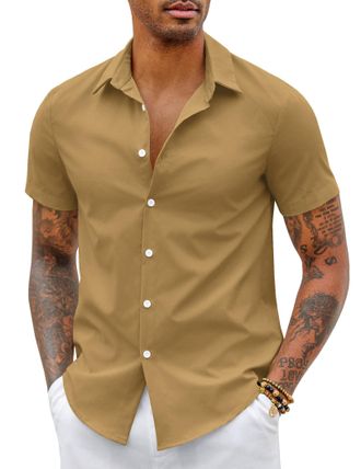 Coofandy Sommerhemd Herren Hemd Kurzarm B&uuml;gelfreie Hemden Business Hemd Freizeithemd Herrenhemd Kurzarm Sommer Slim Fit Casual Shirt Braun 3XL