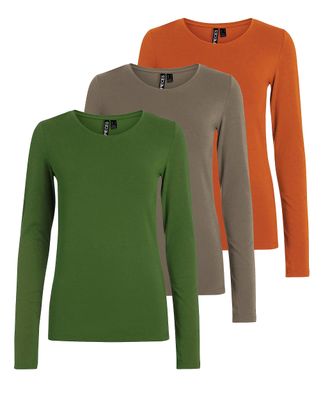Pieces Damen PCSIRENE LS Tee 3-Pack NOOS CP, Burnt Orange/3-PACK ORANGE-KAL, XS
