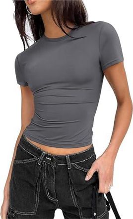 Zeagoo Tee Shirt Femme Casual Slim Fit Manches Courtes Top Ete Doux et Confortables Uni Haut Col Rond Extensible T Shirts Gris Foncé XXL