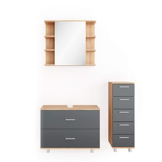 Vicco Badmöbel-Set Anthrazit/Goldkraft Eiche Ilias, bestehend aus Bad Spiegelschrank, Waschbeckenunterschrank, Midischrank - mit Fächern für Flexible Aufbew