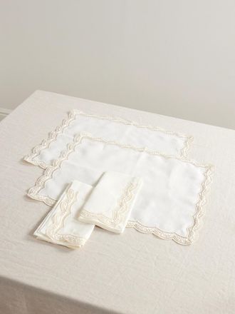 Cabana Deux Sets De Table Et Serviette En Lin &Agrave; Broderies Et &Agrave; Festons Emilia - Ivoire