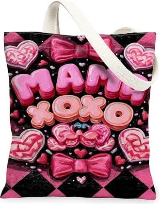 Generic Sacs fourre-tout en toile &agrave; motif de coeurs pour la Saint-Valentin, sacs &agrave; provisions r&eacute;utilisables, l&eacute;gers et lavables, p&ecirc;che, 13x15 Inch