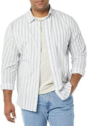 Amazon Essentials Chemise en Popeline Extensible À Manches Longues Et Coupe Standard Homme, Bleu Gris Blanc Rayures, XXL
