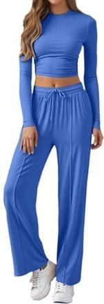Generic Ensemble de Surv&ecirc;tement Deux Pi&egrave;ces pour Femme D&eacute;contract&eacute; Tenue de Sport Top &agrave; Manche Longue Taille Haute et Cordon de Serrage Pantalon avec Poches S