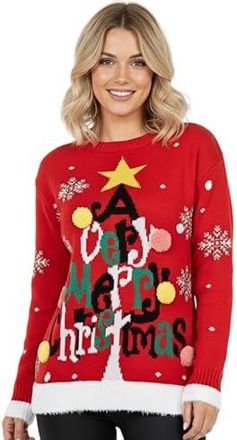 Janisramone Pull de Noel Femme Tricot&eacute;, Pull Noel Femme Renne Rigolo, Acrylique Pull de Noel &agrave; Manches Longues Col Ras-du-Cou, Sweat Chandail No&euml;l Femme