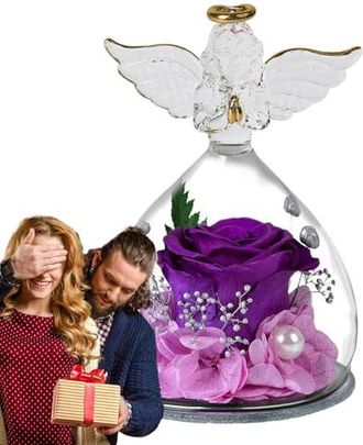 Generic Ange en Verre avec Rose pr&eacute;serv&eacute;e - Figurine dange avec Fleurs pour Toujours | Cadeau Romantique pour Mariage, Anniversaire, Thanksgiving | Jolie Figu