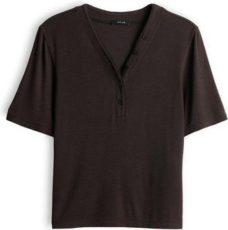 OPUS Kurzarmshirt mit feiner Rippe Femininer Ausschnitt mit leichter Transparenz