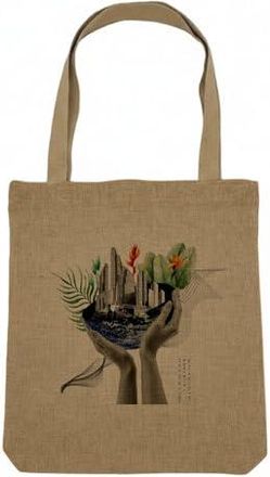 Fabulous Sac Shopping Tote Bag Aspect Lin - Le monde entre tes main Collage Art Surr&eacute;alisme - Sac de Courses Toile Epaisse 360g Beige Naturel Cabas Port&eacute; Epaul