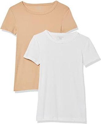 Amazon Essentials T-Shirt Col Rond à Manches Courtes Coupe Ajustée Femme, Lot de 2, Blanc/Fauve Clair, XXL